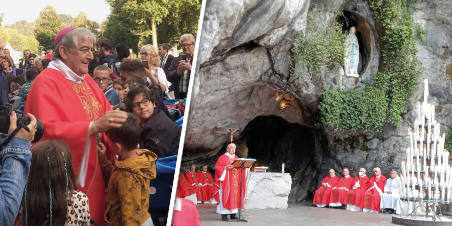 La messa di Seccia nella Grotta di Lourdes e le carezze ai bimbi dell ...